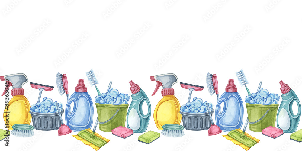 Cleaning toolkit seamless border. Watercolor banner clipart for ...