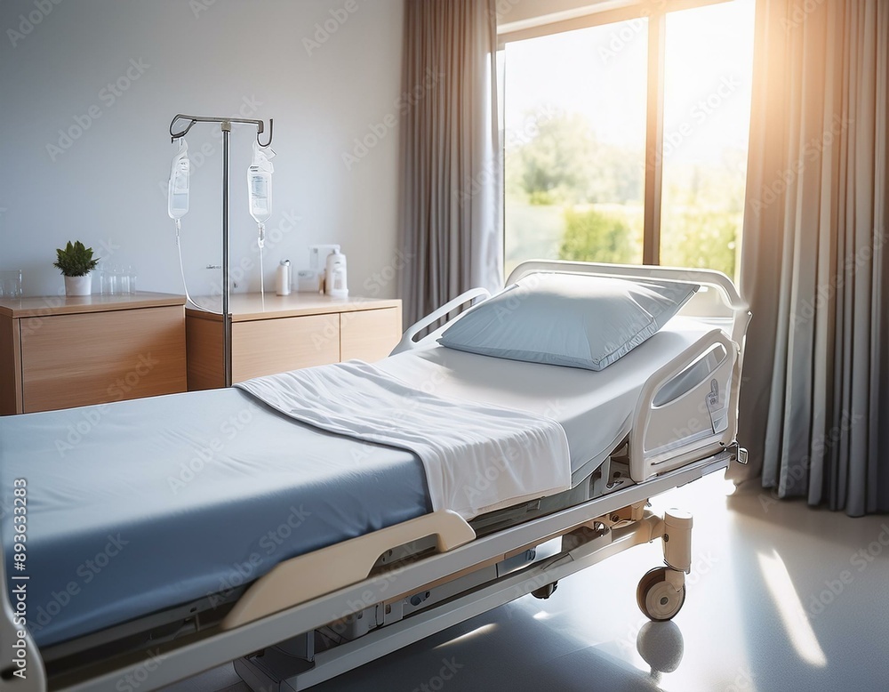 Empty hospital bed in a sunny modern clinical recovering room. Patient ...