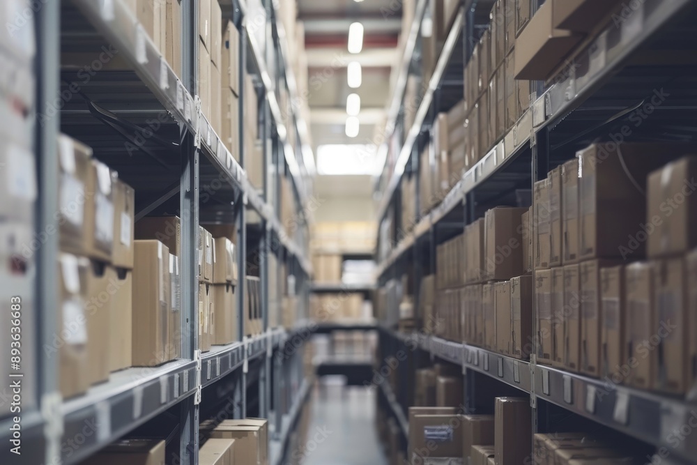 Document and inventory management in warehouse interior with shelves of ...