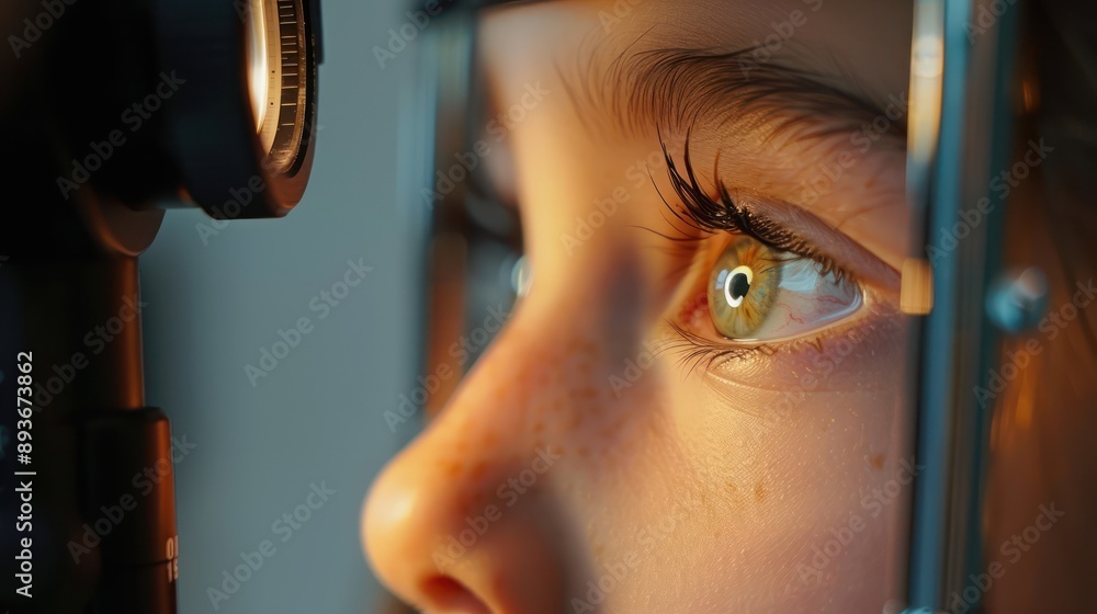Examination of the child using a slit lamp. Microscope and focused ...