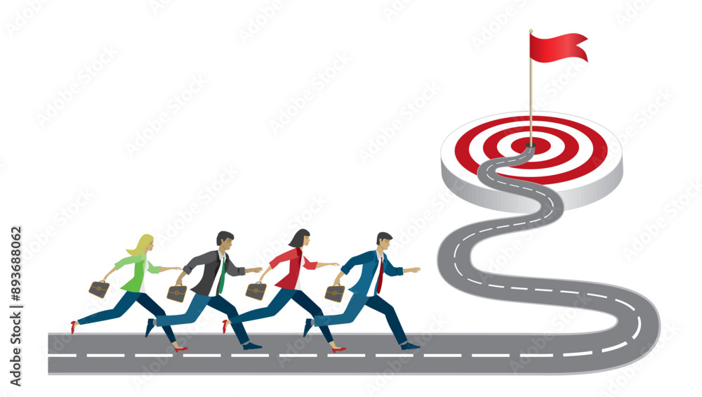 Group of diverse people running towards winding road to the goal ...