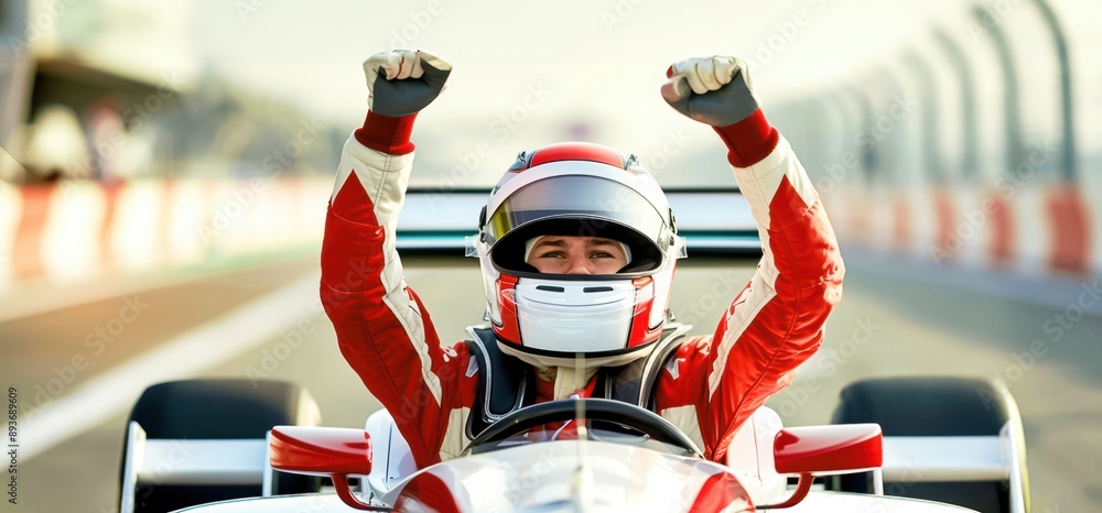 Race car driver celebrates victory on the track, raising fists in ...