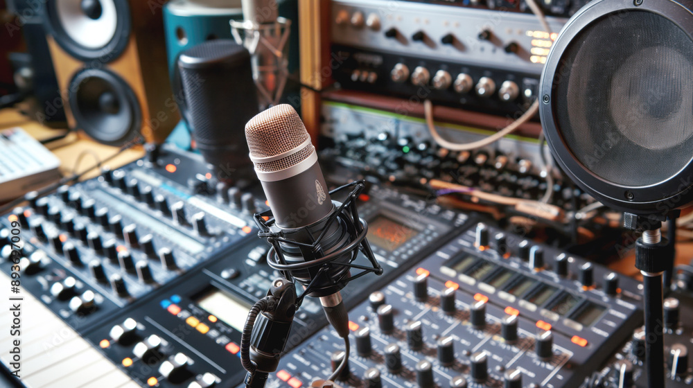 Professional audio recording studio with a condenser microphone, mixing ...