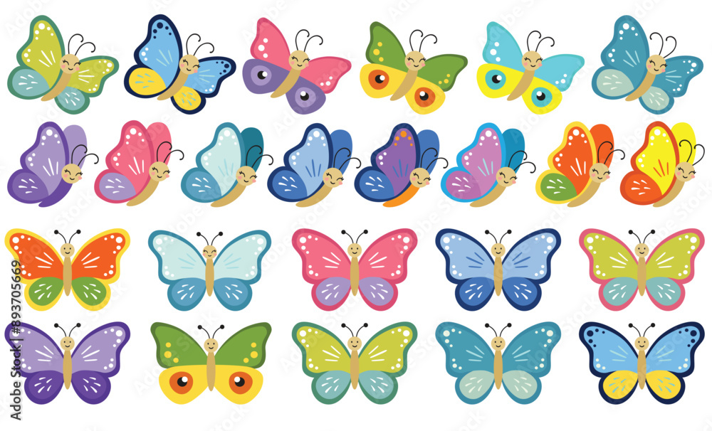 Set of smiling multicolor butterfly clipart. Vector illustration of ...