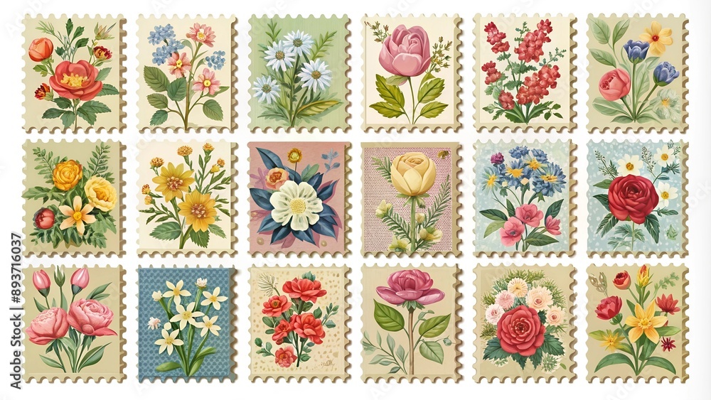 Set of Floral vintage Postage Stamp. Retro Printable post stamp with ...