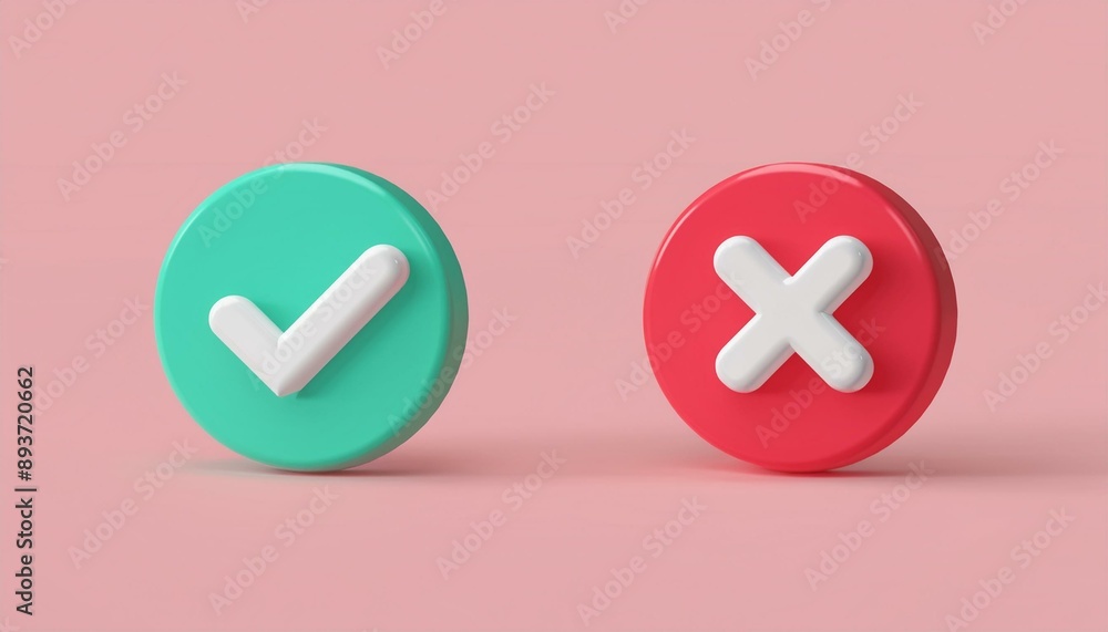 Realistic right and wrong 3D Button. A set of glossy round icons with a check mark, a sign of ...