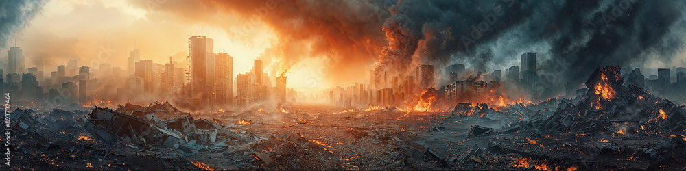 seamless panorama of a war torn city, alien invasion, movie background ...
