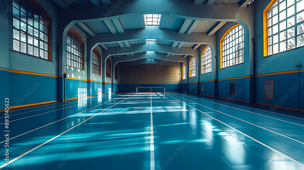 A spacious indoor sports hall with large windows allowing natural light ...