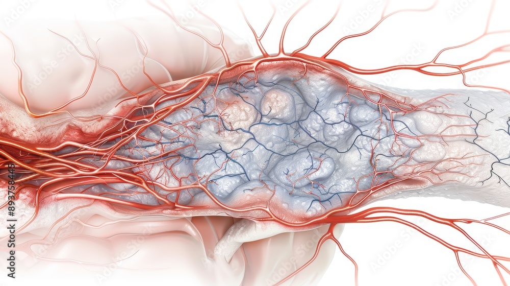 Detailed illustration of blood vessels showing a complex network of ...