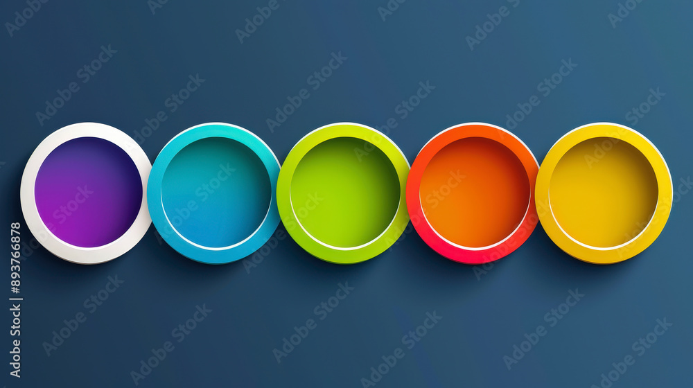 Five colorful, overlapping circular frames arranged in a row on a dark ...