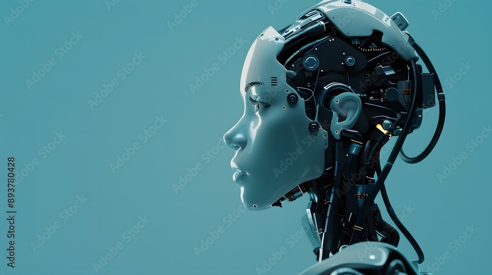 Side view of the face of a female robot. Digital cyborg. High-tech AI ...