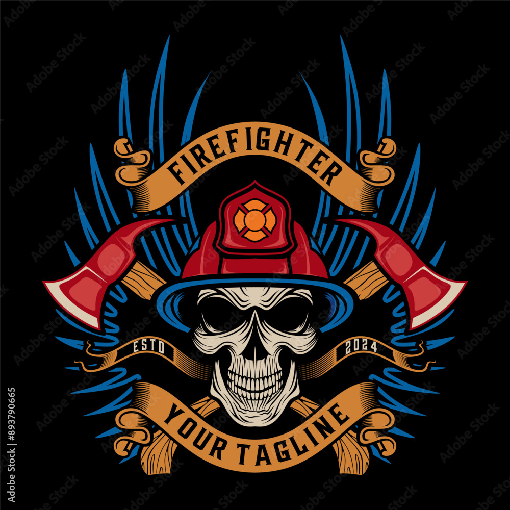 firefighter logo. skull element wearing helmet on head, crossed axes ...