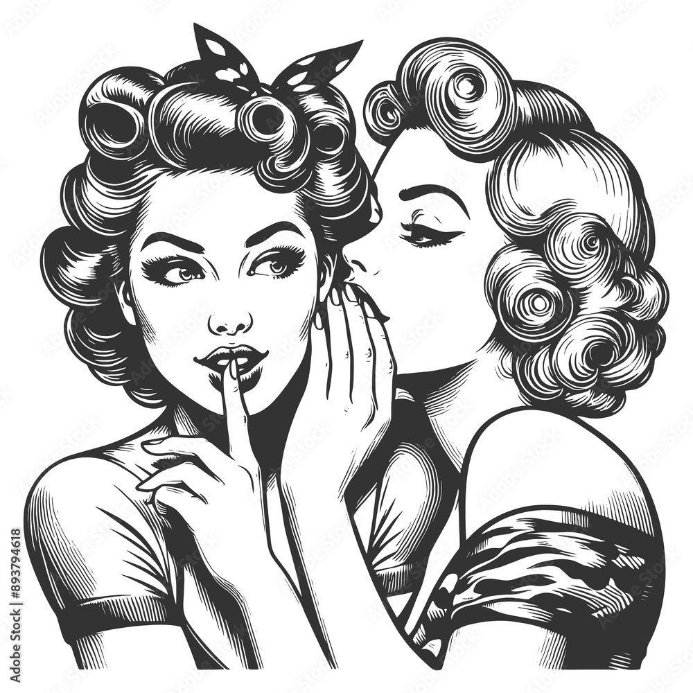pin-up girls, one whispering a secret into the other ear, with ...