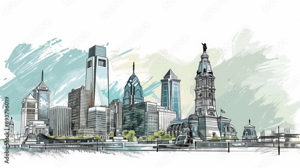 Illustrate the Philadelphia skyline with the iconic Liberty Bell in the ...
