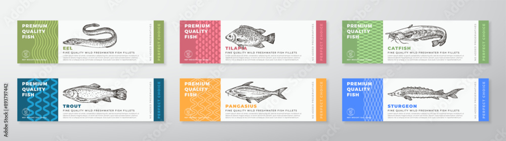 Fish Seafood Vector Packaging Label Design Collection Modern Typography ...