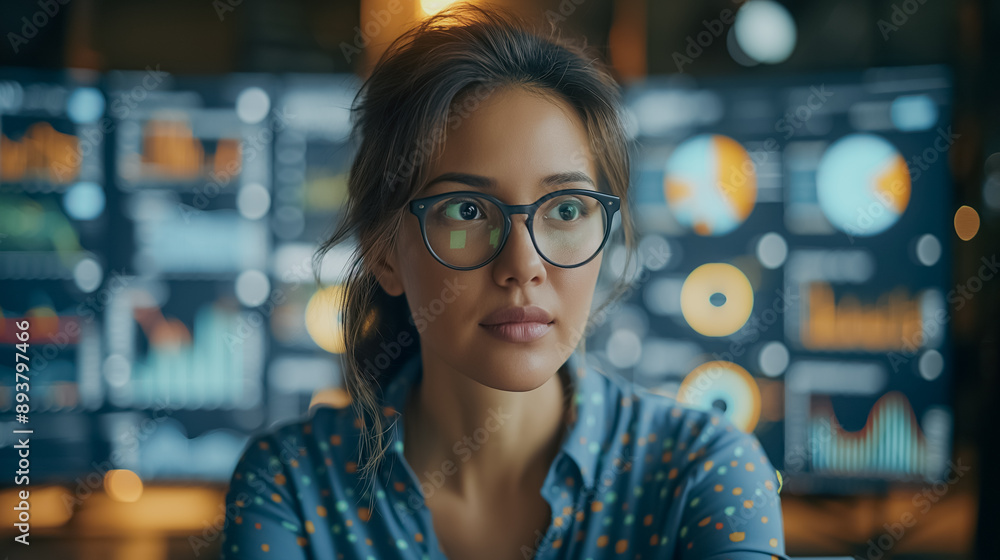 Data Analyst Woman: A young, professional woman with glasses gazes ...