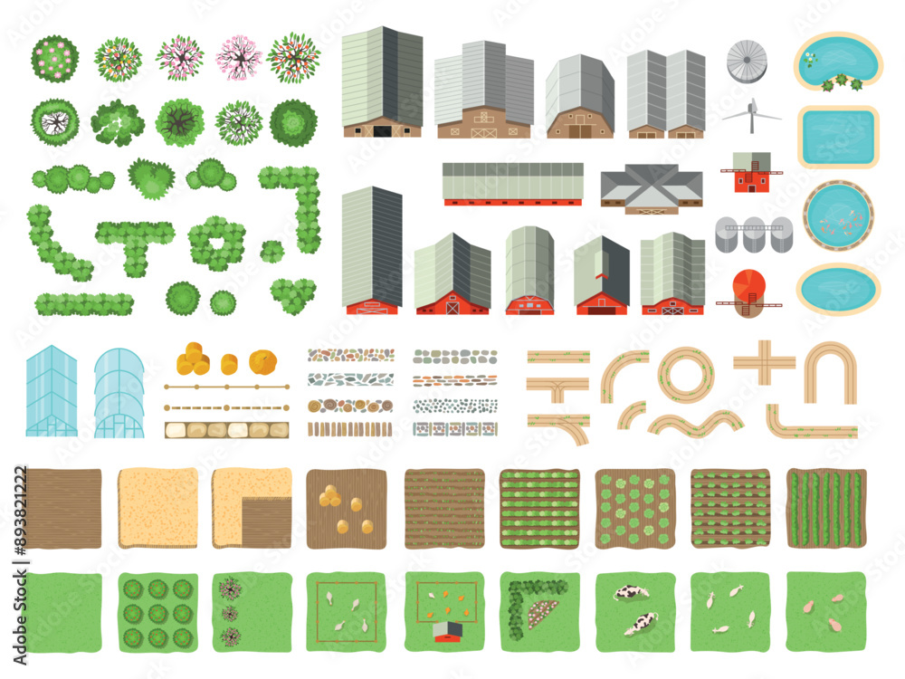 Farm top view. Landscape elements of farm village buildings roads barns ...