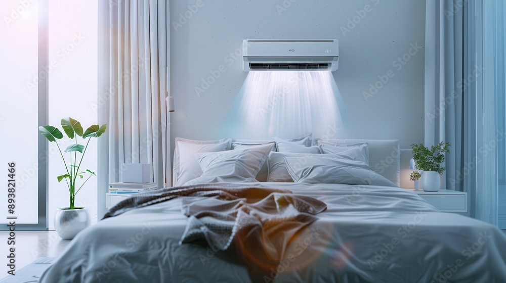 Cold air coming out of a white conditioner hanging on the bedroom wall ...