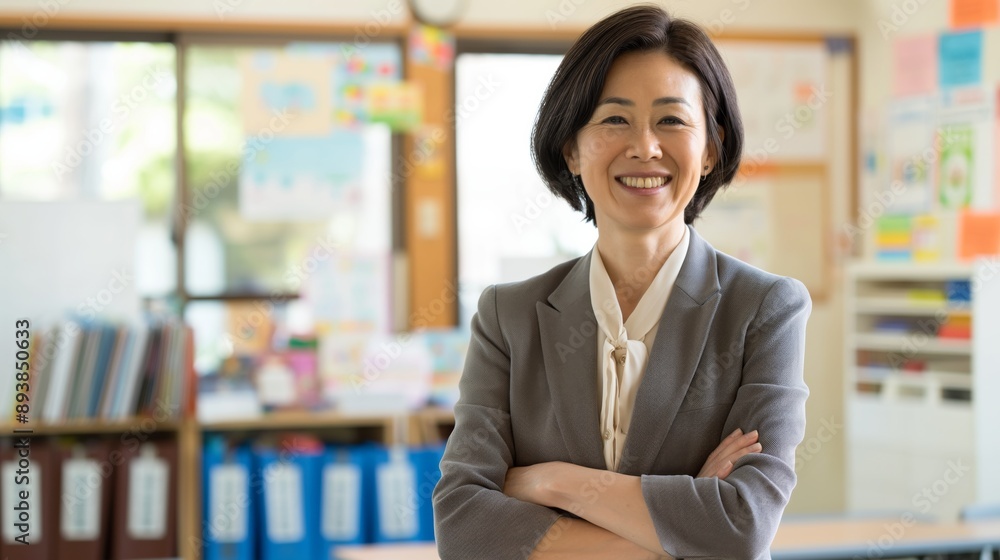 Smiling MiddleAged Japanese Female School Teacher in Classroom ...
