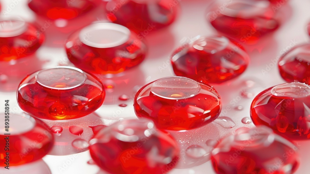 Many detergent capsules with red gel on white background for washing ...
