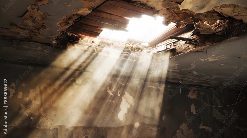 Sunlight streaming through a small hole in the decaying ceiling of a ...