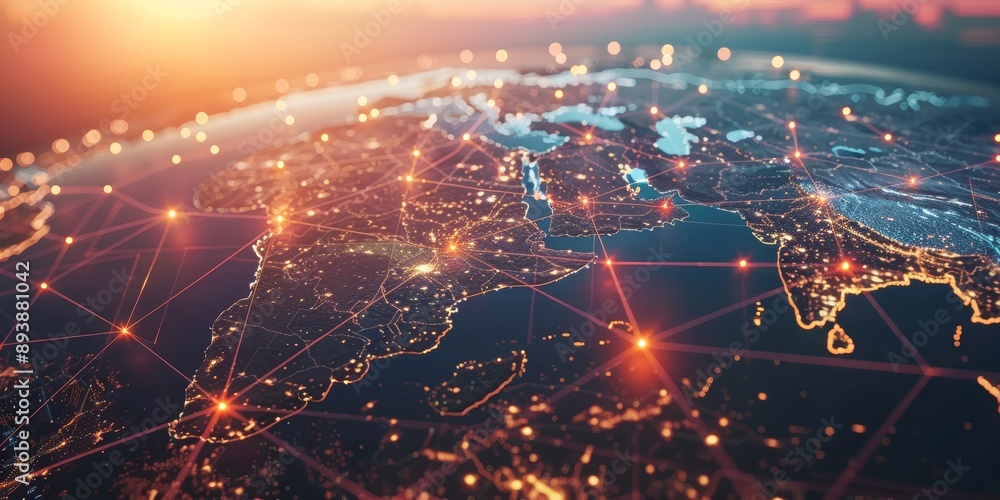 Global Connection Map: Interactive global business network, interconnected and digital, midday ...