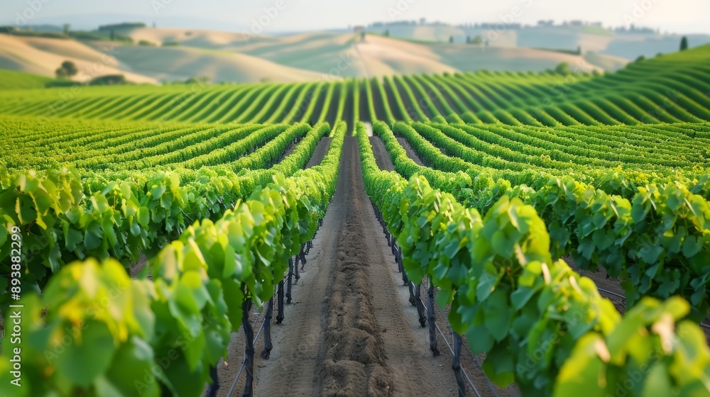 A picturesque vineyard in Tuscany, with rows of grapevines stretching ...