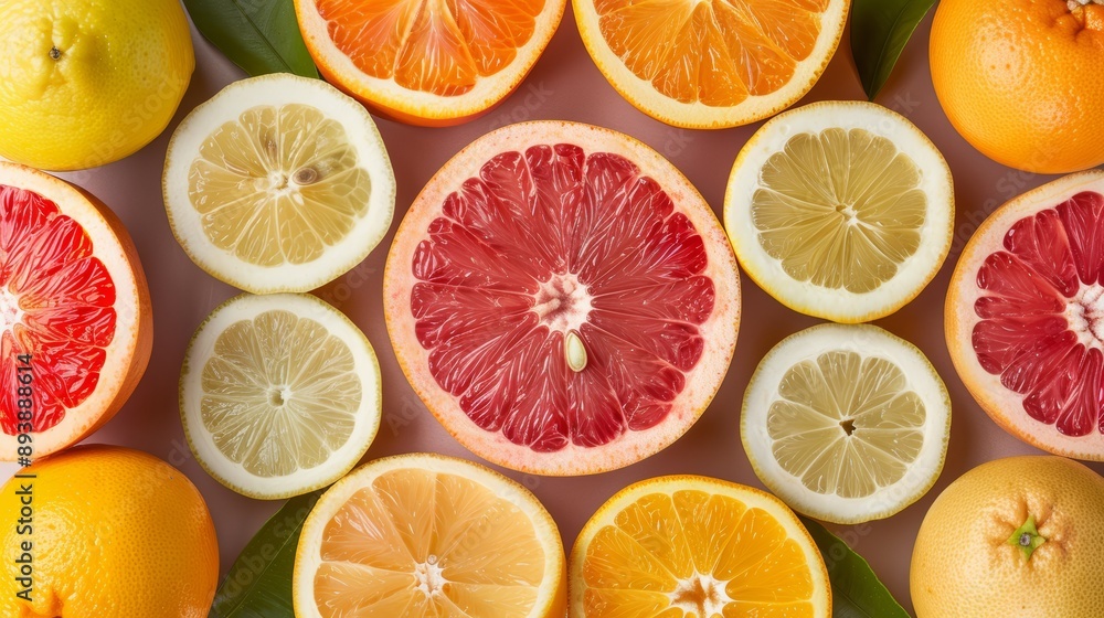A vibrant pattern of citrus fruit halves arranged in a circular design ...