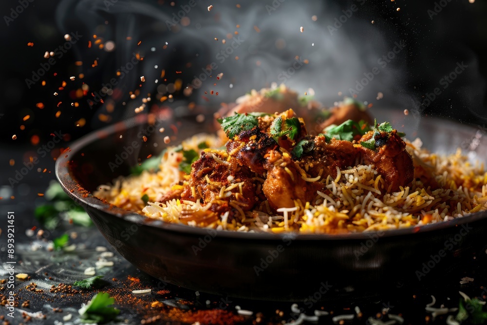 indian chicken biryani, Spicy chicken biryani food photography, flying ...