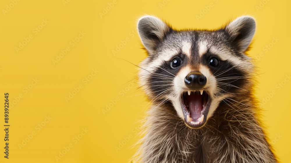 Shocked raccoon with opened mouth and big eyes, portrait on yellow ...