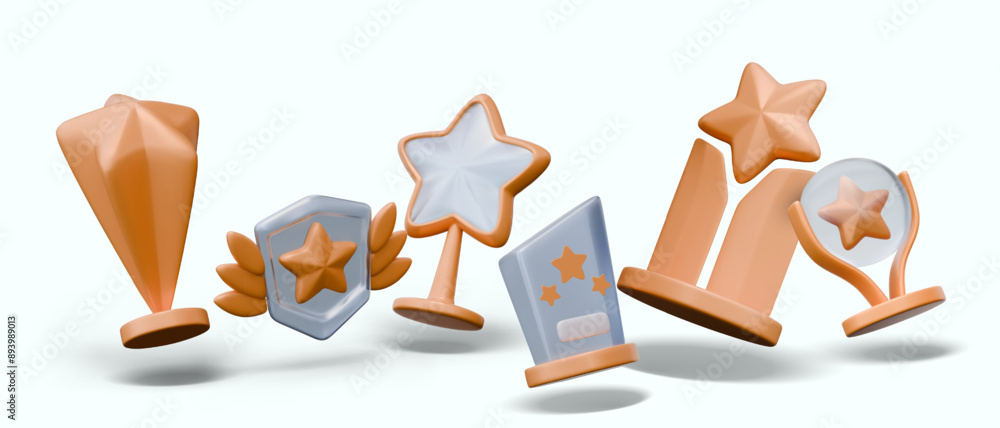 Vector realistic awards in chaotic order. Trophies of different shapes ...