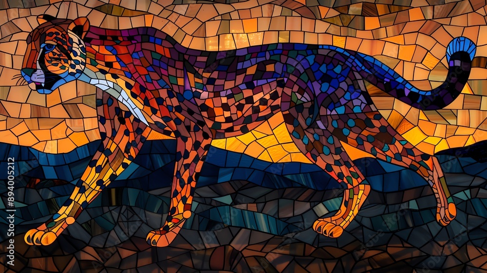 Stained glass cheetah running across the savannah, earthy tones, Art ...