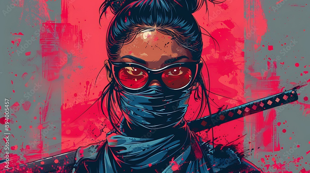 cartoon illustration of a female ninja hold katana blade with pink ...