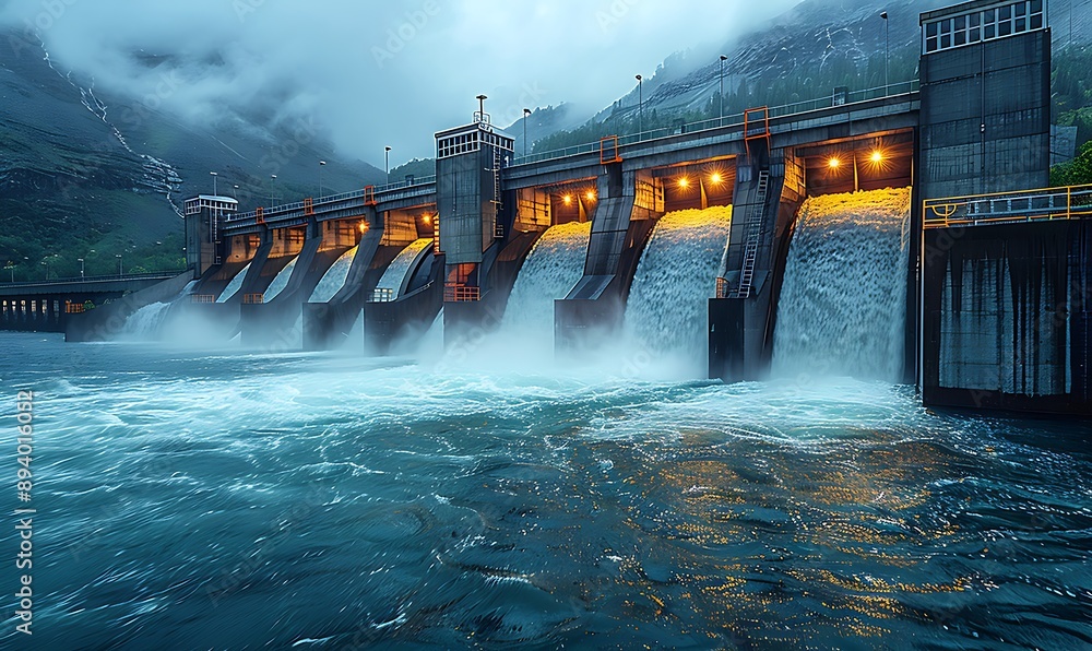 Hydroelectric dam with rushing water and electric turbines turning with ...