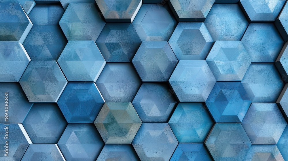 An abstract pattern of interlocking hexagons in varying shades of blue, creating a honeycomb ...
