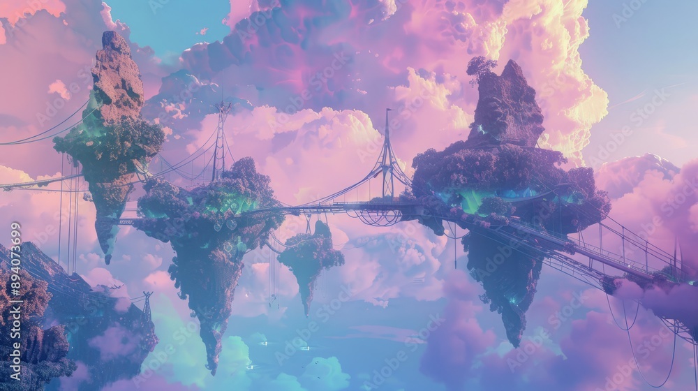 A surreal dreamscape of floating islands suspended in a pastel-colored ...