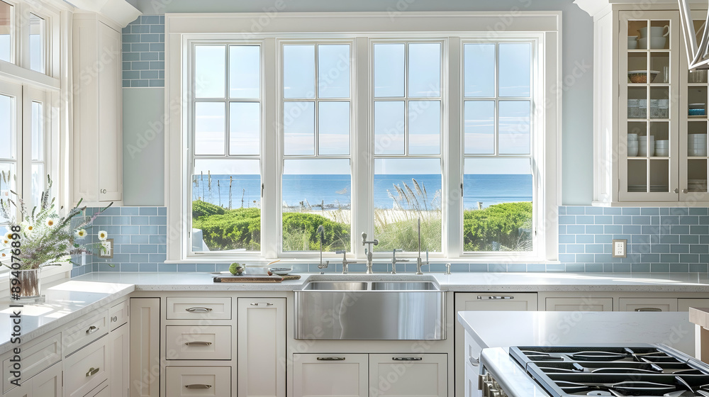 Bright coastal kitchen with blue tile backsplash, apron-front sink ...
