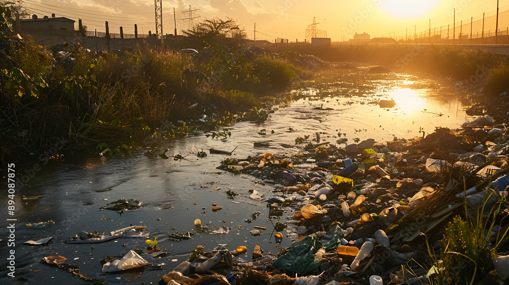 Toxic landfill runoff staining a riverbank at sunrise, showcasing ...