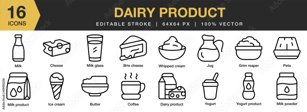 Set of 16 Dairy Product icon set. Editable Stroke Icon Collection ...