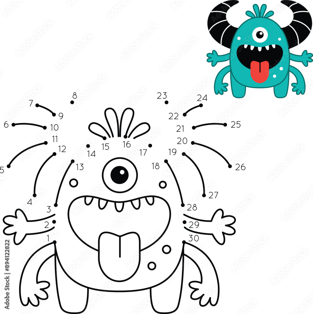 Dot to Dot Cute Monster Coloring Page. Halloween Worksheet for Kids の ...