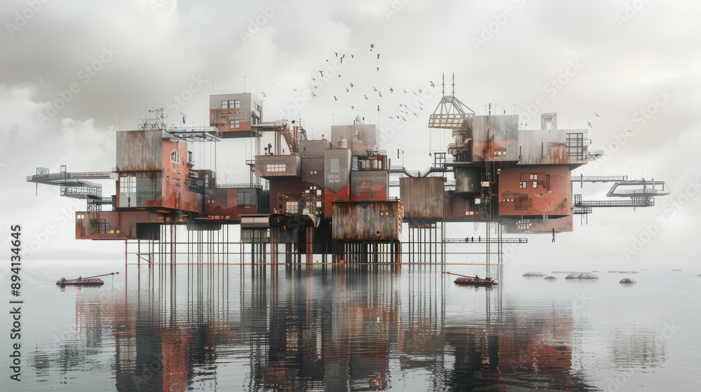 Floating architectural concept with interconnected buildings and sky ...