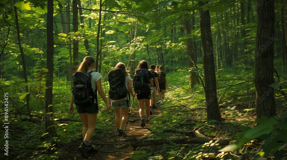 Teens hike a forest trail at summer camp, bonding over adventures and ...