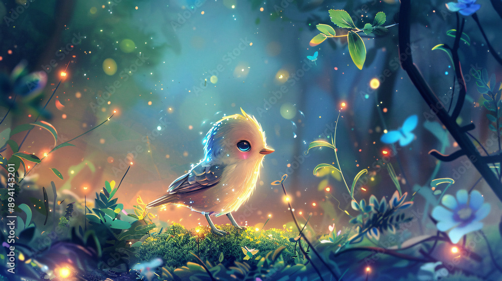 Joyful cartoon baby bird with a cute face, exploring a magical forest ...