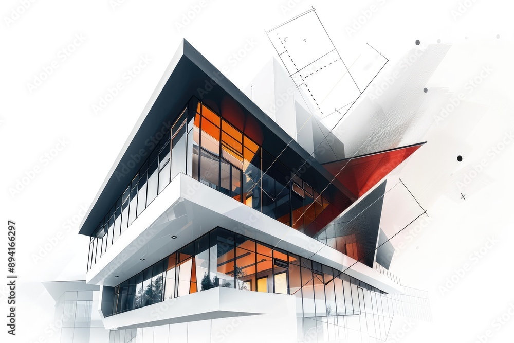 Dramatic angles of a modern building with glass curtain walls meeting ...