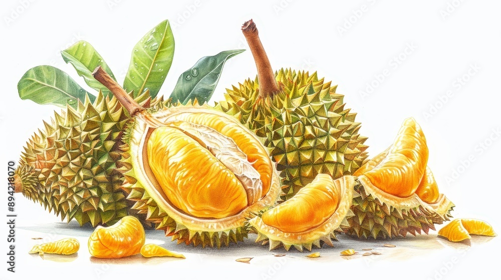 Clear and vibrant hand-drawn color pencil sketch of a fresh durian and ...