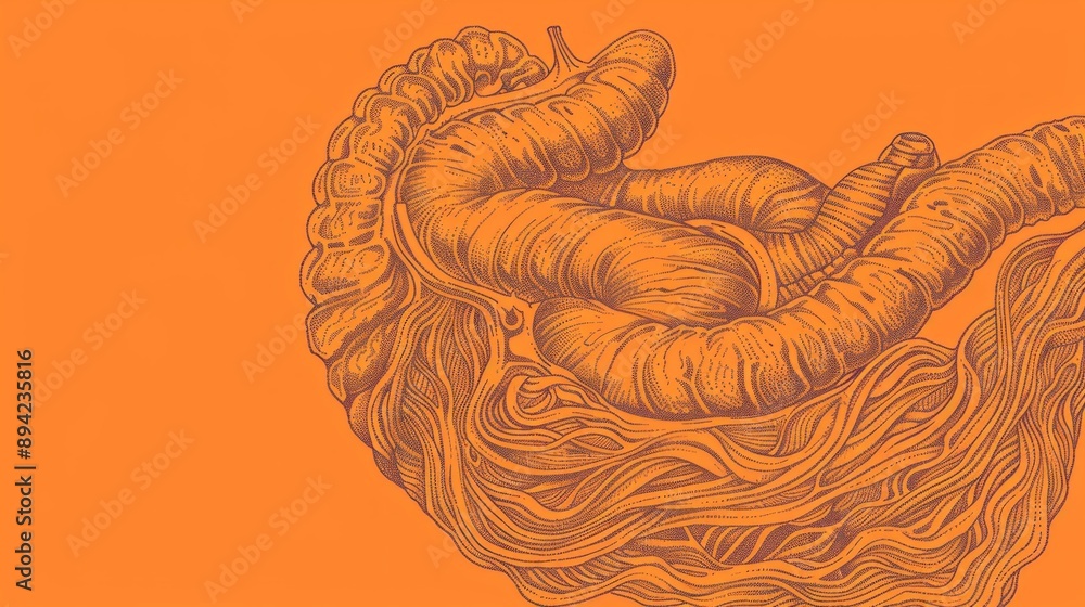 Design a detailed depiction of the human stomach against a solid orange ...
