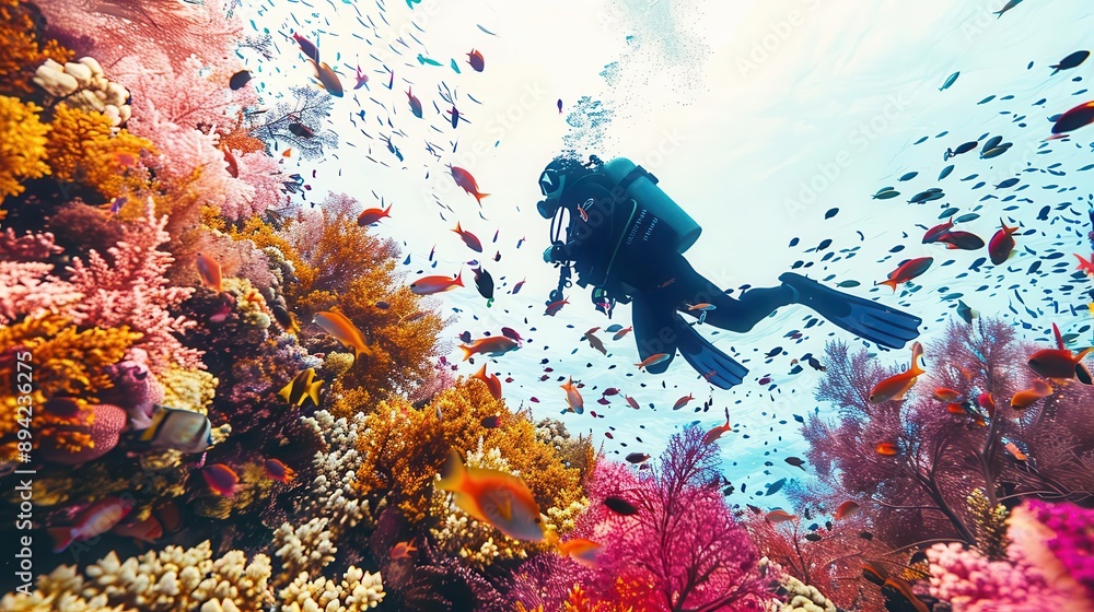 Scuba Diving A scuba diver exploring a vibrant coral reef, surrounded ...