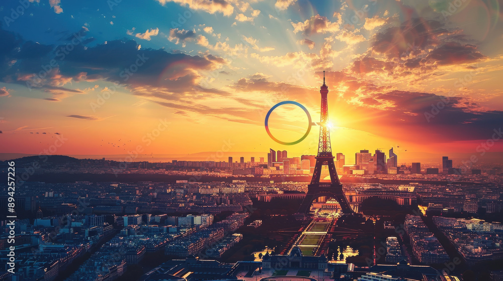 Olympic rings with Eiffel Tower in Paris at sunset, panoramic ...
