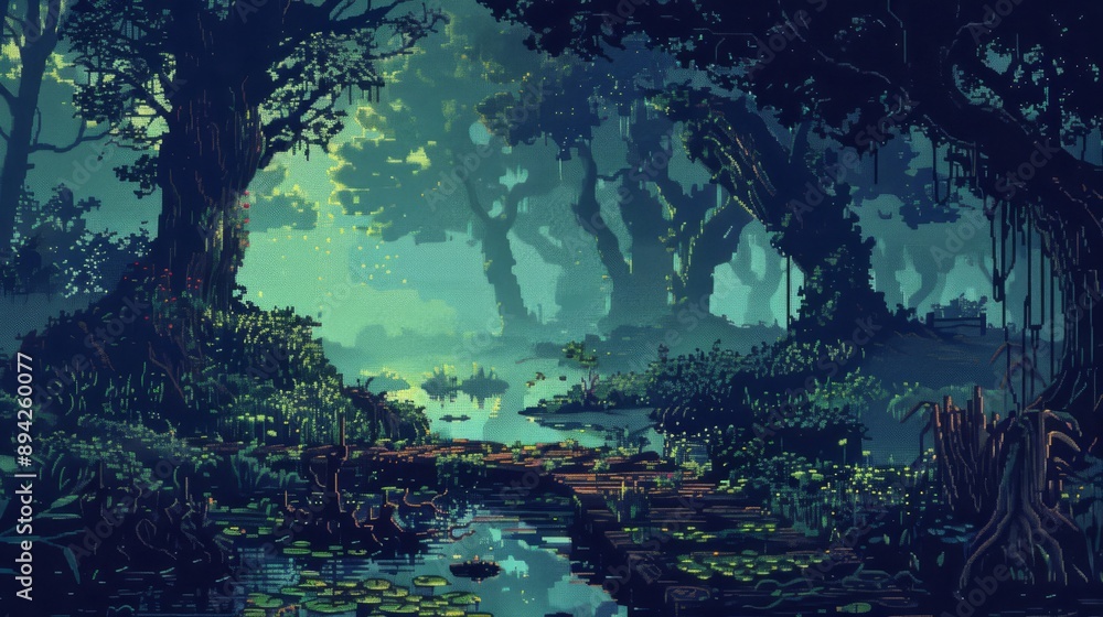 Mystical Swamp Game Background Pixel Art for Adventure Fantasy Game ...