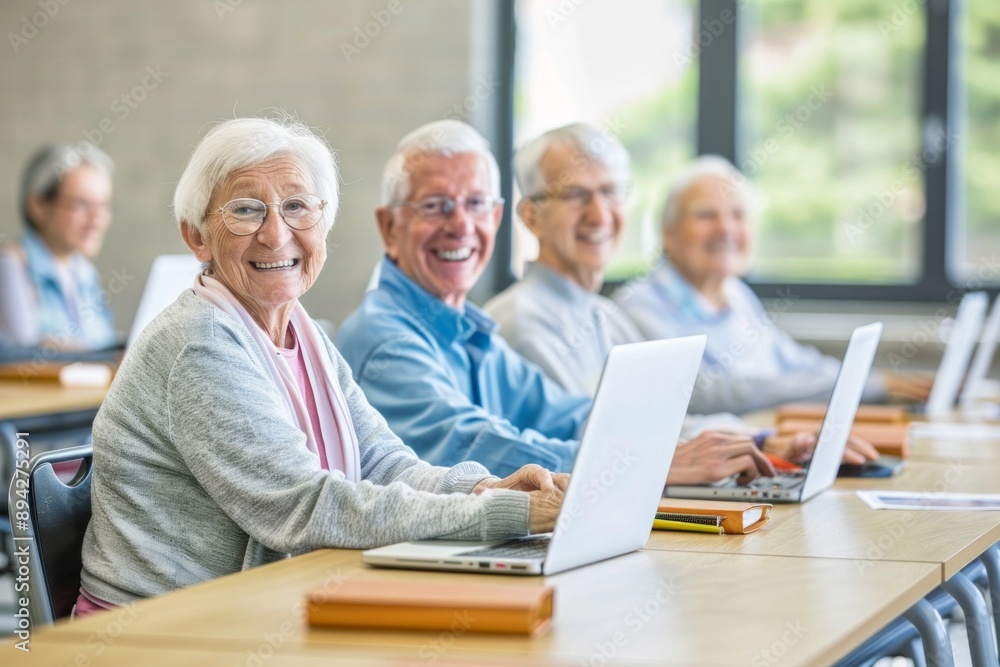 Elderly people learning technology in a classroom setting, featuring ...